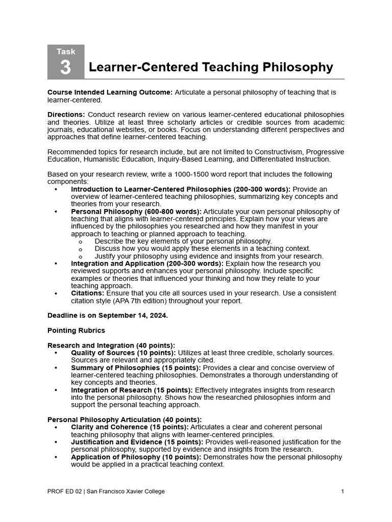 Task 3 Learner Centered Teaching Philosophy | PDF | Philosophy Of Education | Constructivism ...