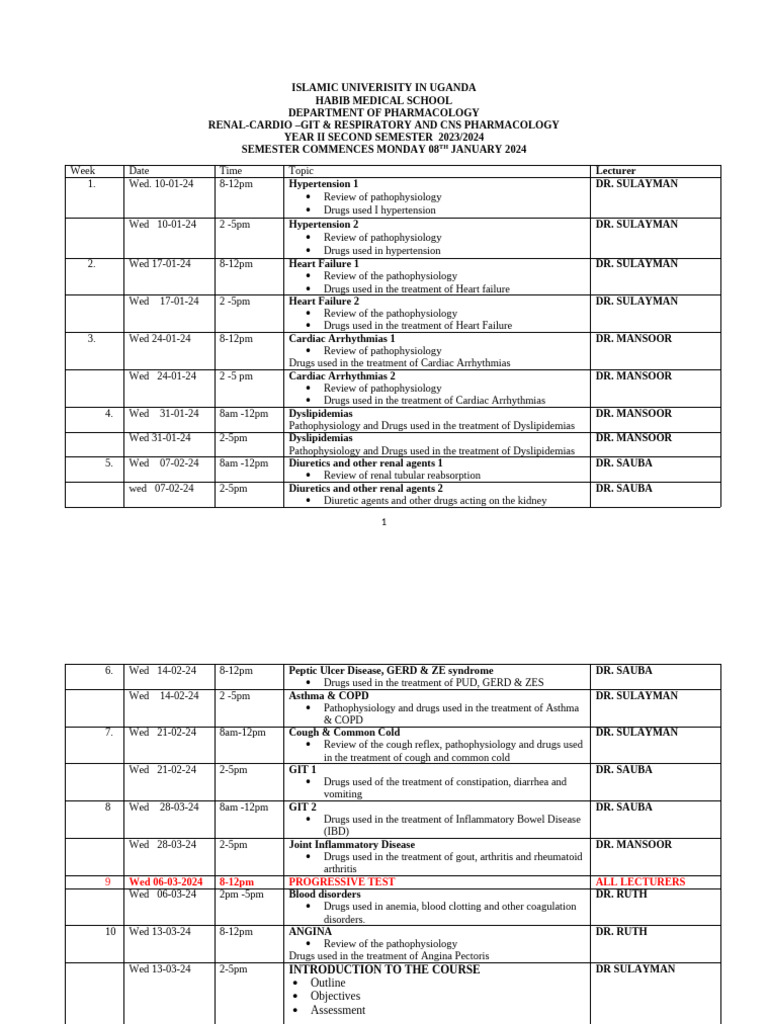 SECOND SEMSTER YEAR 2 TIME TABLE FOR SYSYTEMIC 1 2024 | PDF | Medicine | Medical Treatments