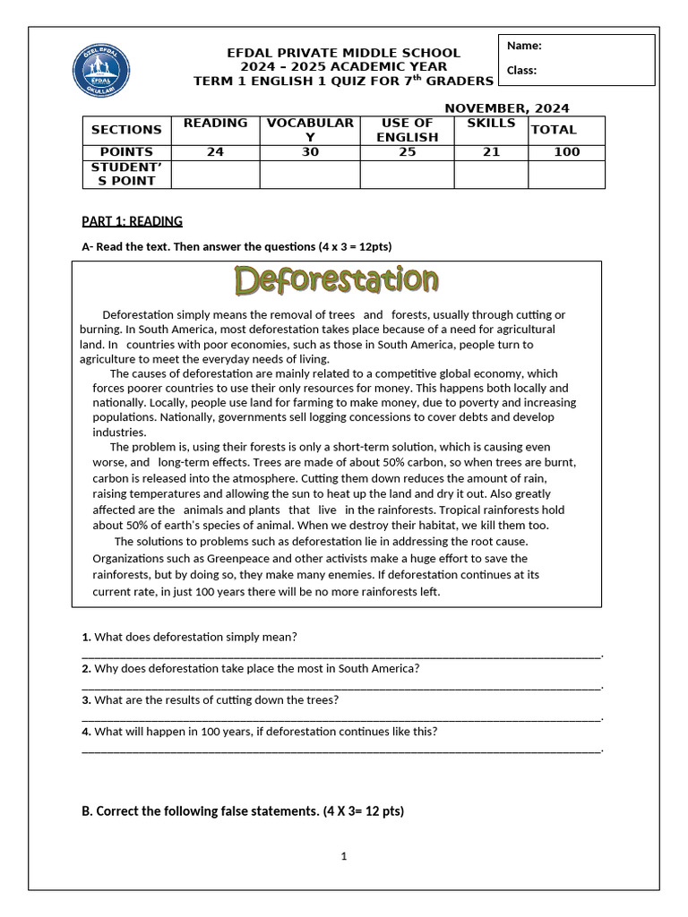 7Th Grade Quiz 1 Term 1 - 7AB | PDF | Forests | Deforestation