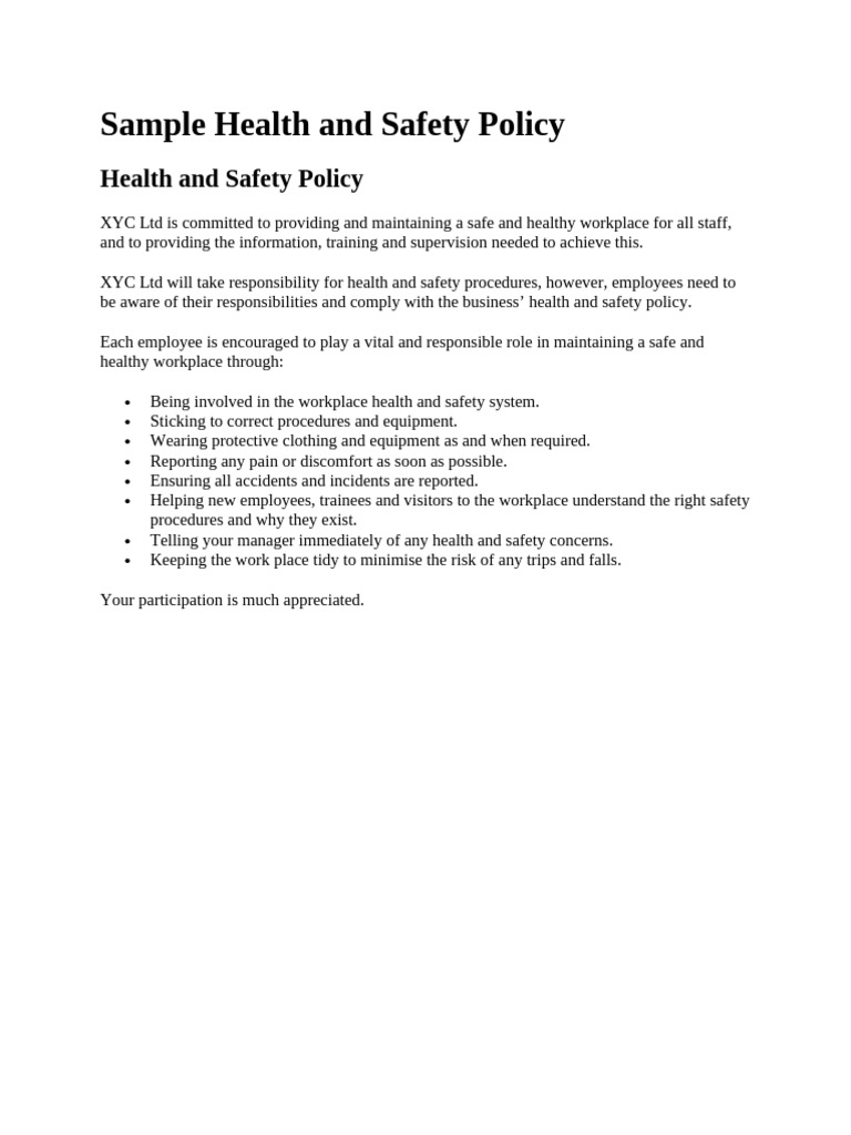 Sample Health and Safety Policy | PDF