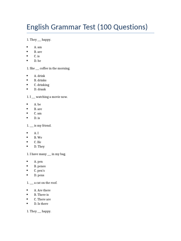 English Grammar Quiz: 100 Questions | PDF