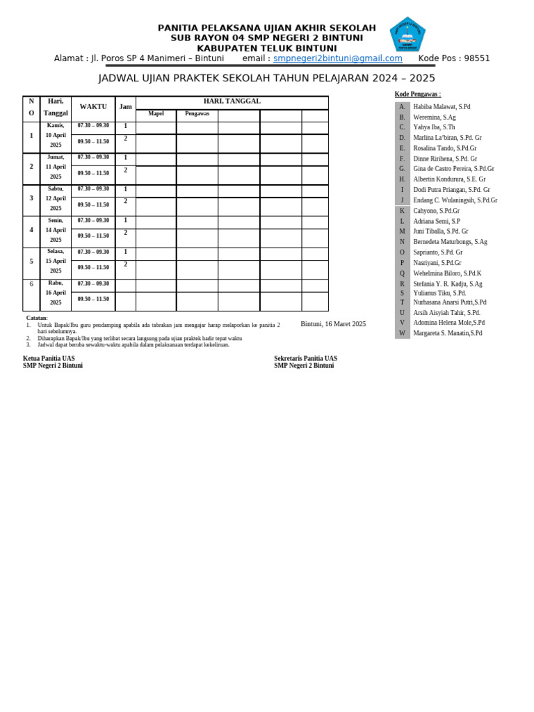 Jadwal Pengawas Ujian Praktek 2025 | PDF