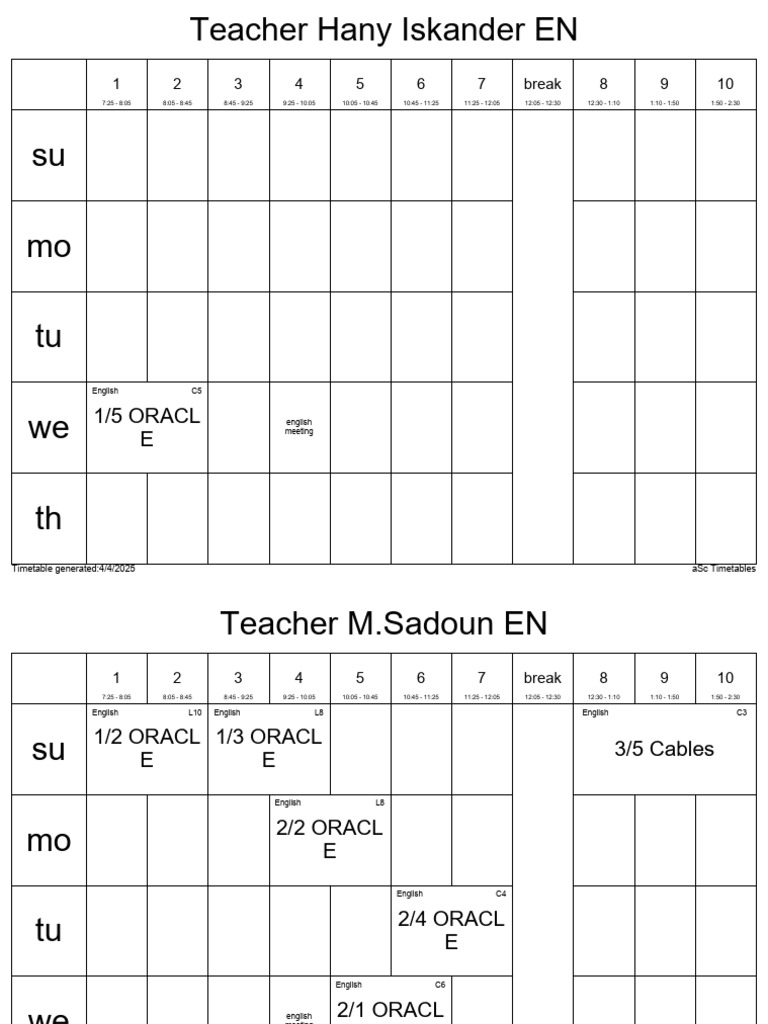 English Class Timetable April 2025 | PDF