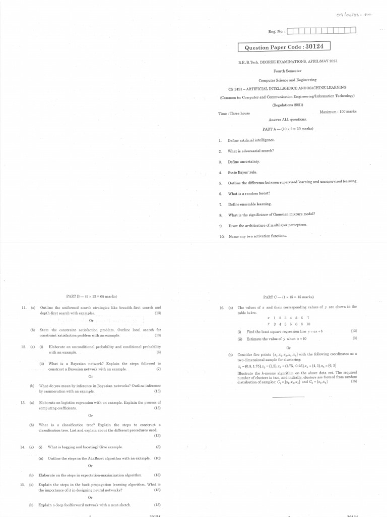 Artificial Intelligence and Machine Learning - CS3491 2021 Regulation - Question Paper 2023 ...
