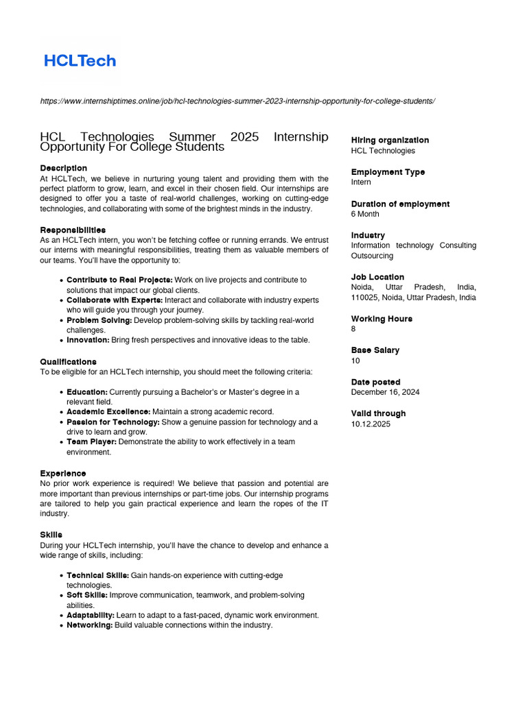 HCL Technologies HCL Technologies Summer 2025 Internship Opportunity ...