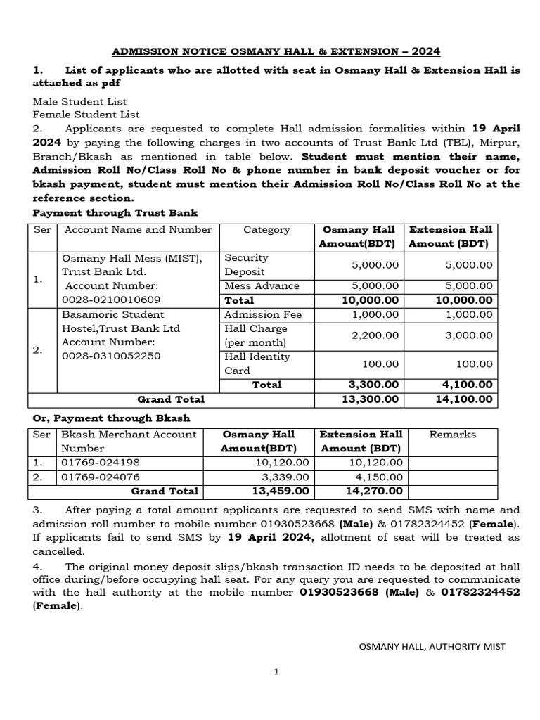 Seat Allotment Male & Female Wing - 2024 | PDF | Banks | Banking Technology