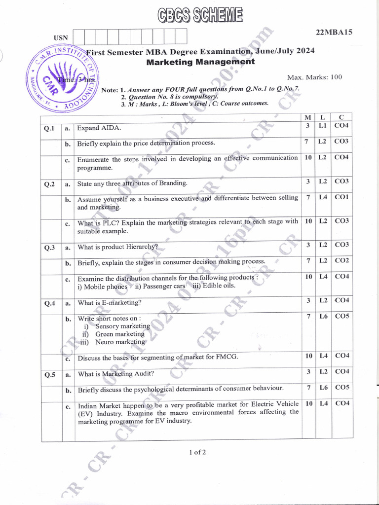 VTU Question Paper of 22MBA15 Marketing Management Jun-July-2024 | PDF