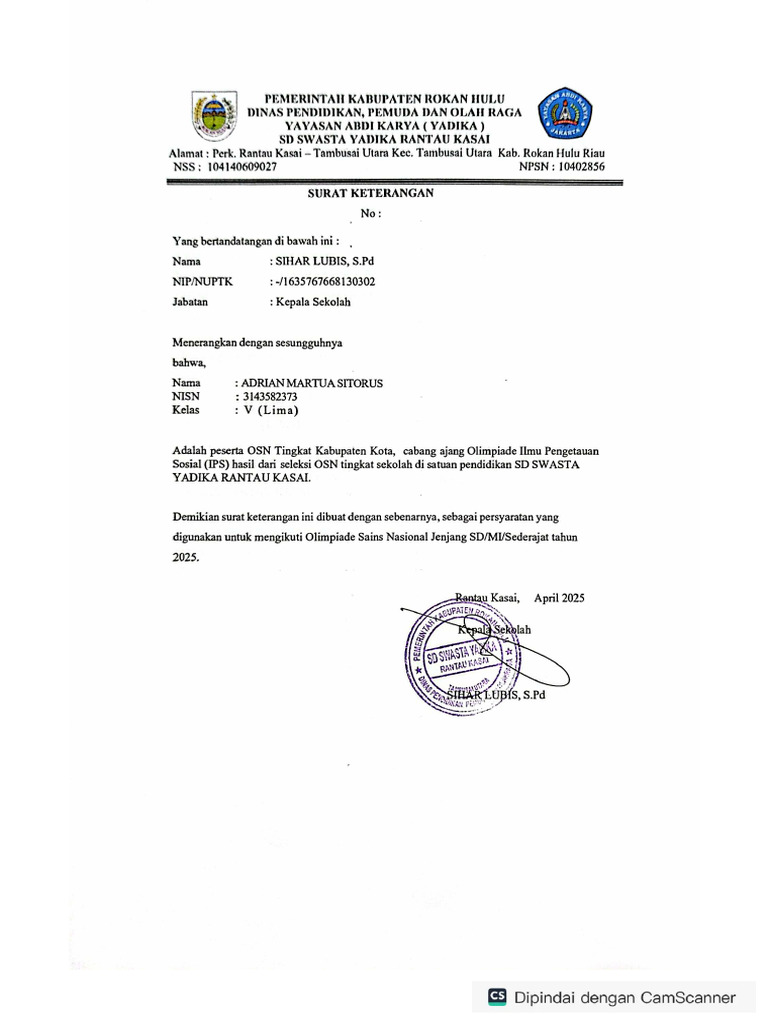 surat keterangan Kepsek Adrian | PDF