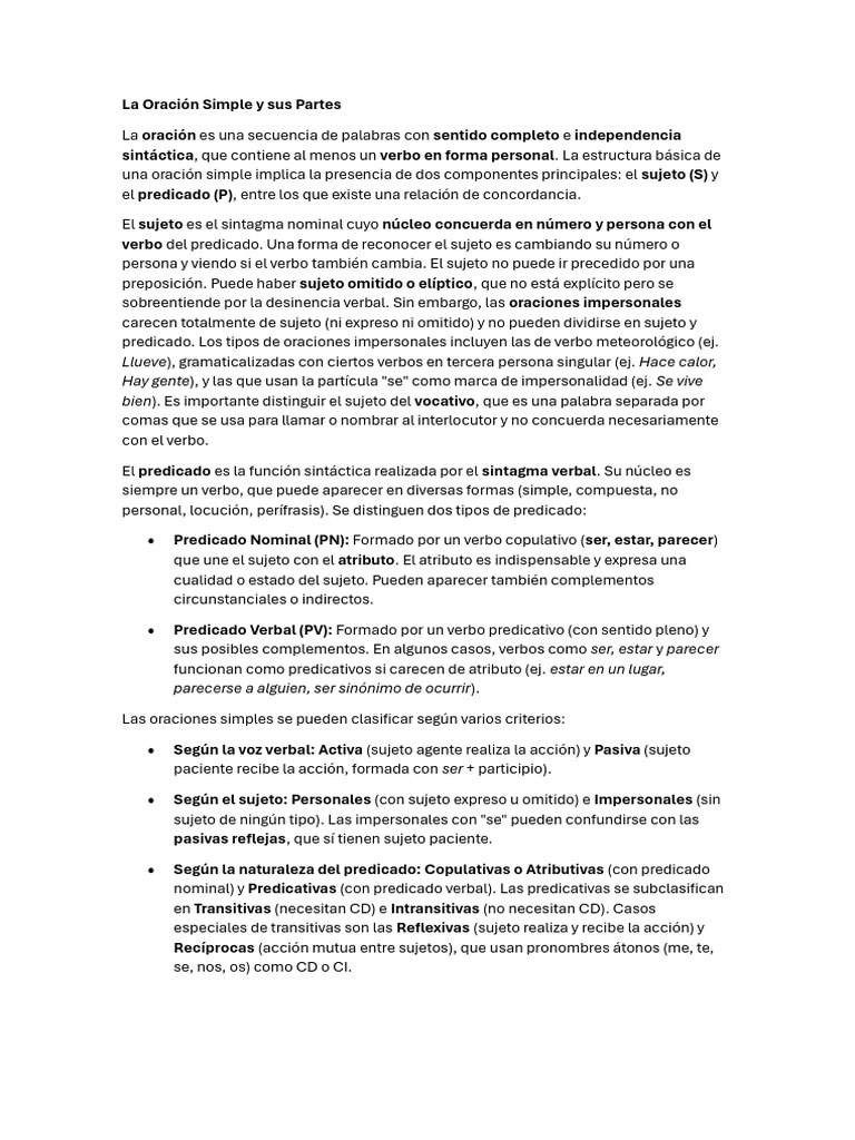 Estructura y Partes de la Oración Simple | PDF | Asunto (gramática ...