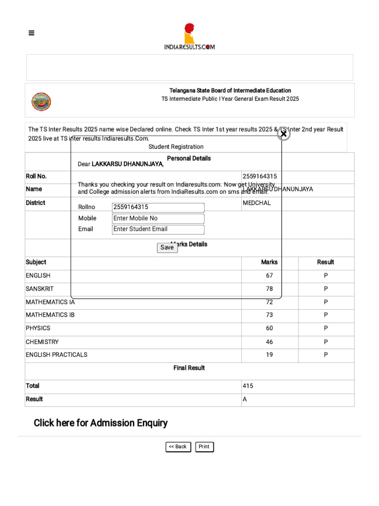 Bie-Telangana - TS Intermediate Public I Year General Exam Result 2025 ...