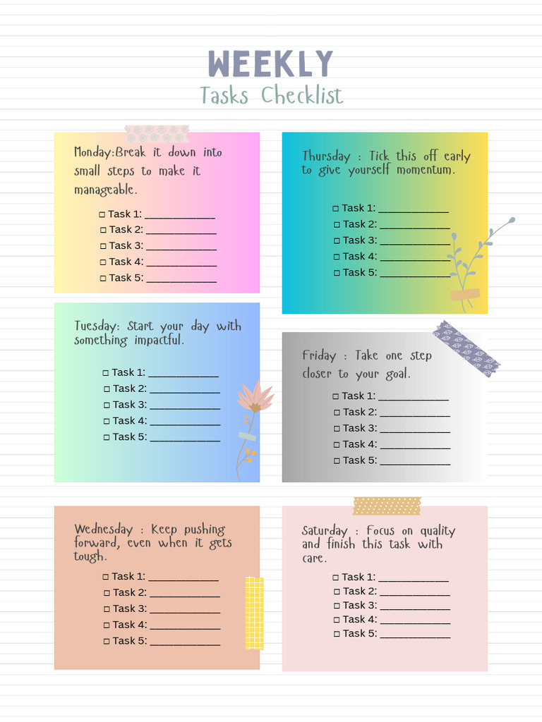 Colorful Sticky Note Weekly Cleaning Checklist Document | PDF