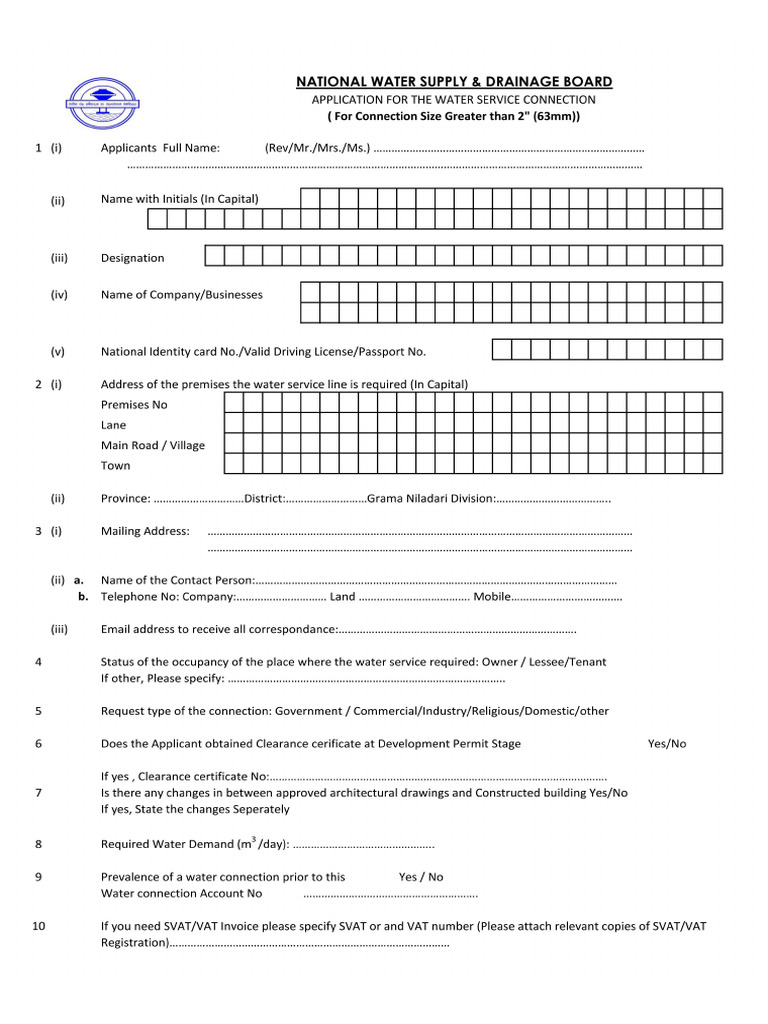 Annex B Application and Instructions For The New Water Connection ...