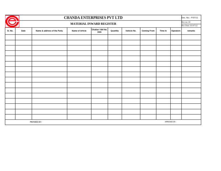 F-STR-11 MATERIAL INWARD REGISTER | PDF