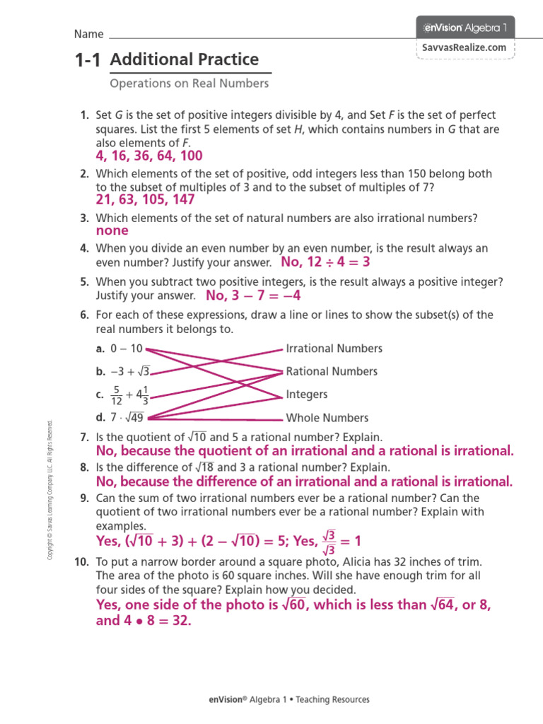 Answer Key - 1-1 - Additional Practice | PDF | Numbers | Rational Number