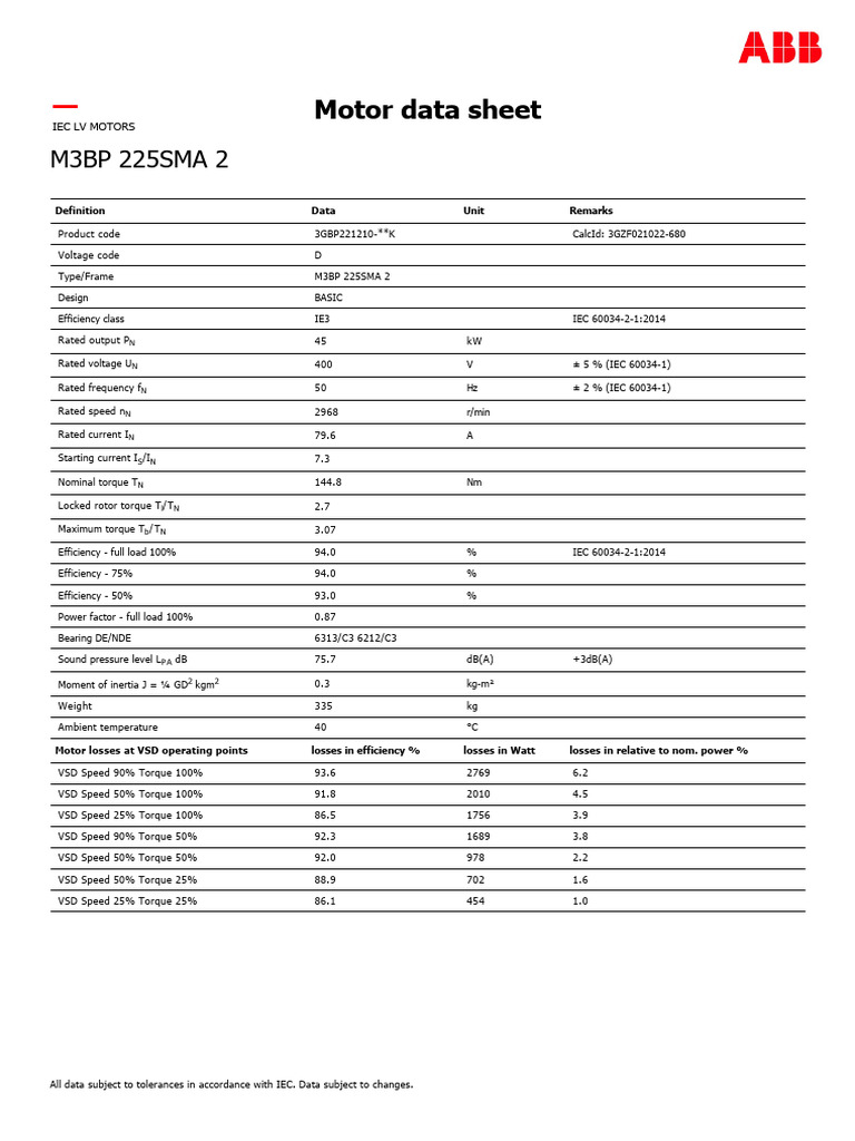 IEC LV Motor M3BP 225SMA 2 Data Sheet | PDF | Torque | Decibel