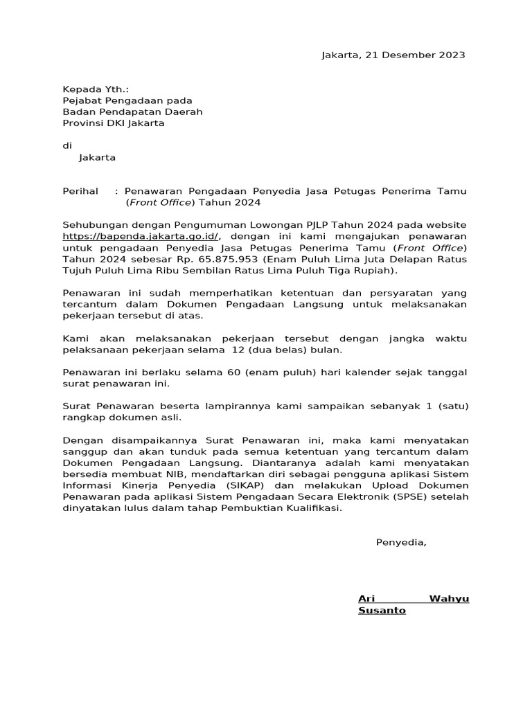SURAT PENAWARAN - FRONT OFFICE 2024 Ari | PDF