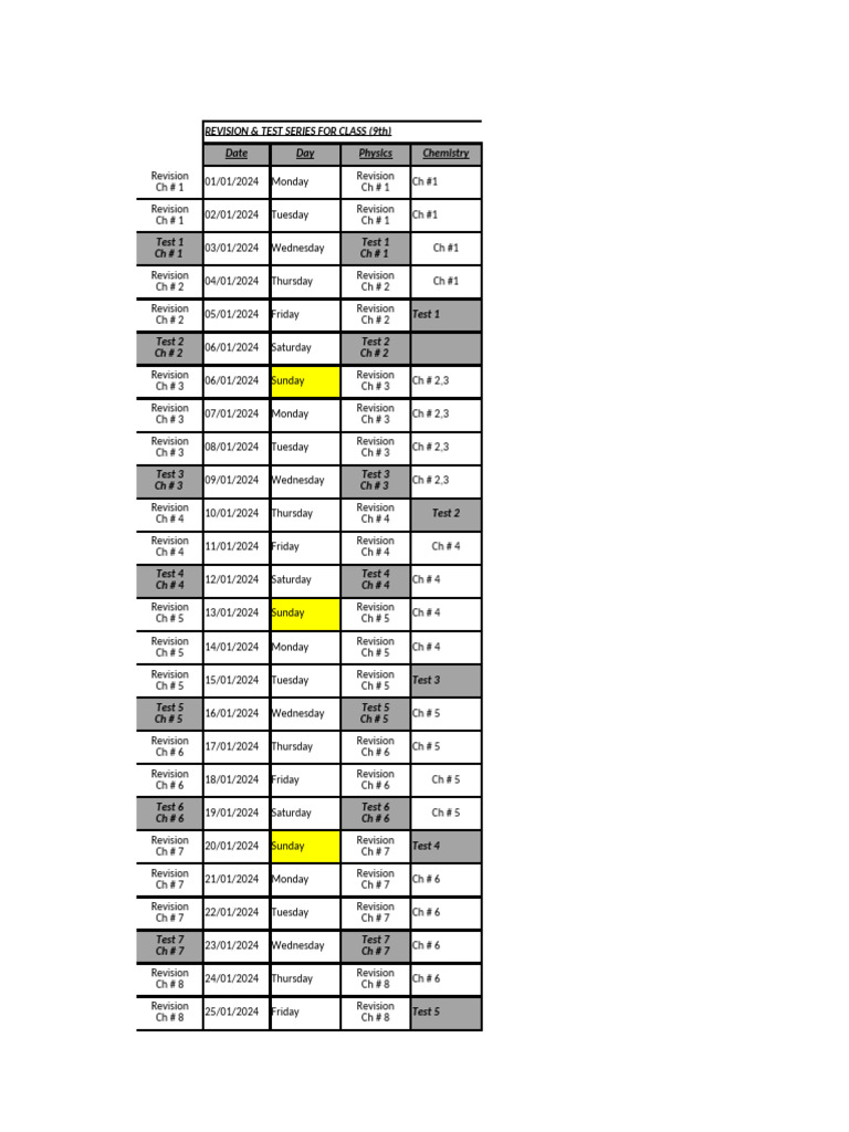 Class 9 & 10 Revision Test Schedule | PDF | Mathematics | Physical Sciences