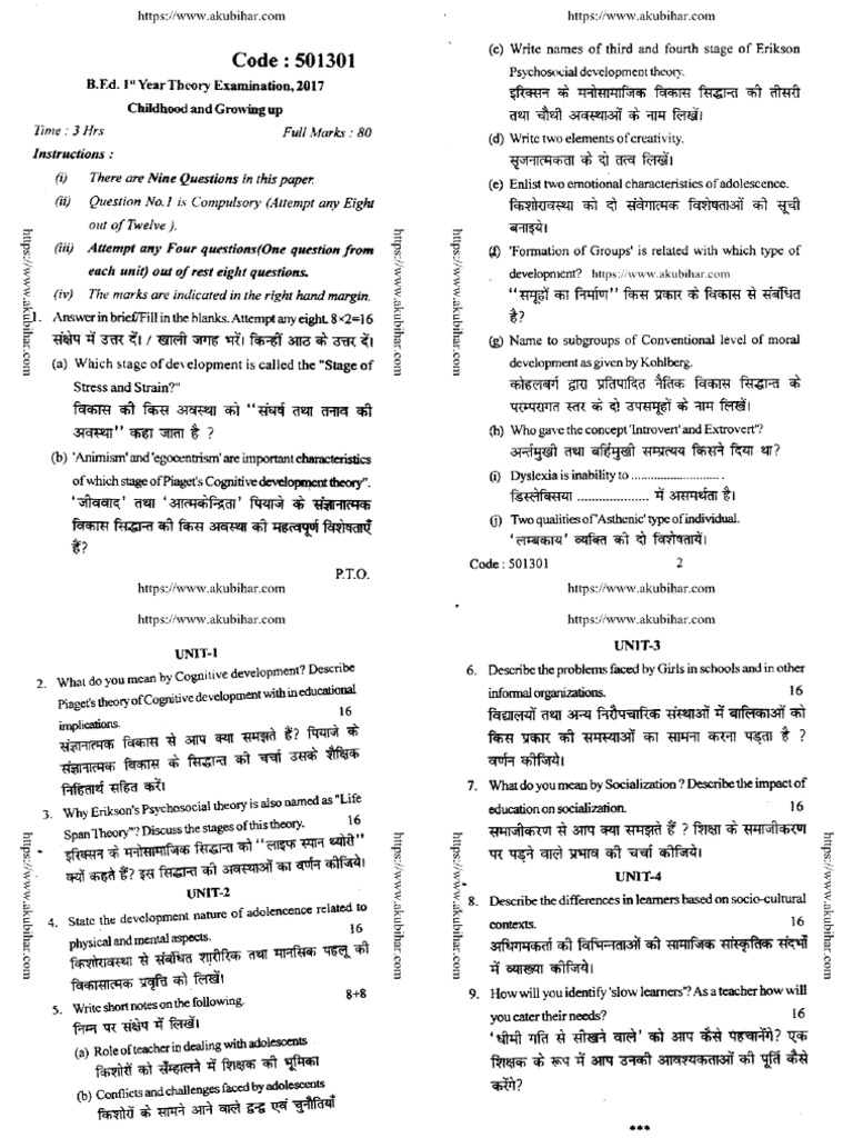 b Ed 1 Year Childhood and Growing Up 501301 2017 | PDF