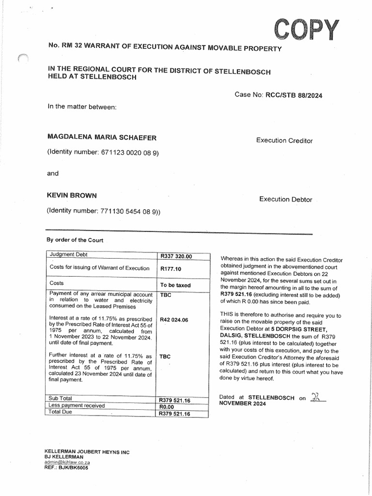 Warrant of Execution (STB-RCC88-2024) | PDF