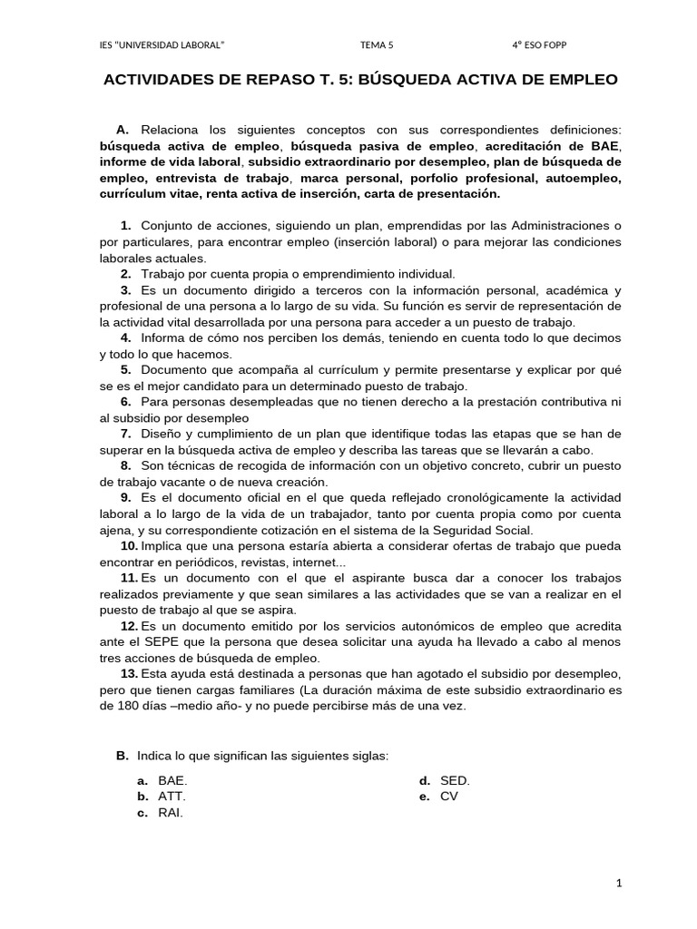 Actividades de Repaso T. 5 | PDF | Desempleo | Economias