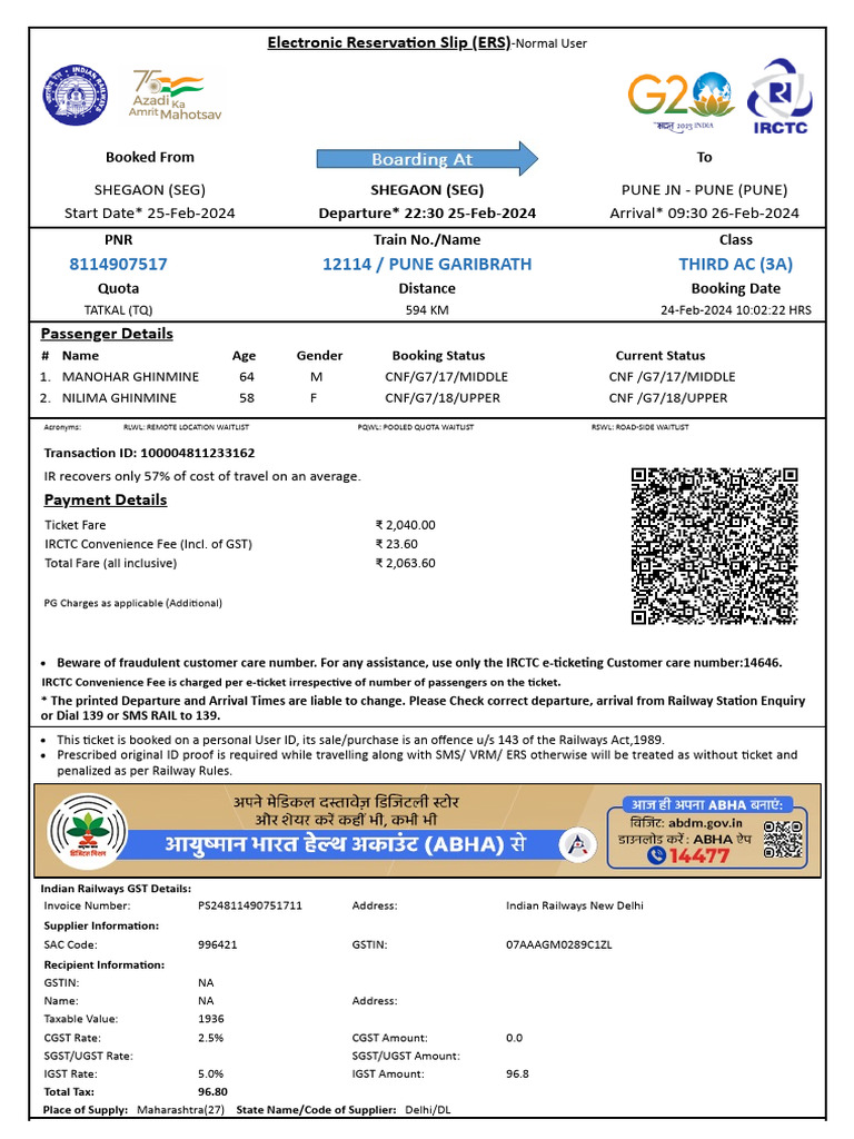 Train Ticket Confirmation for 2024 | PDF | Identity Document