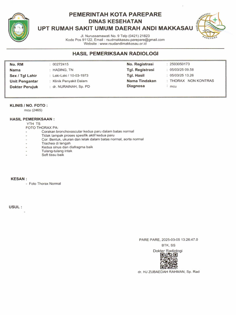 Hasil Pemeriksaan Radiologi H Hading | PDF