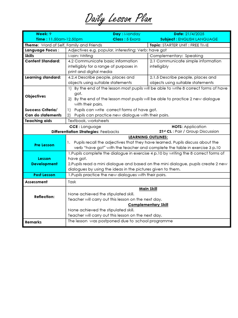 Year 5 English Lesson Plan Week 9 | PDF | Lesson Plan | Teachers