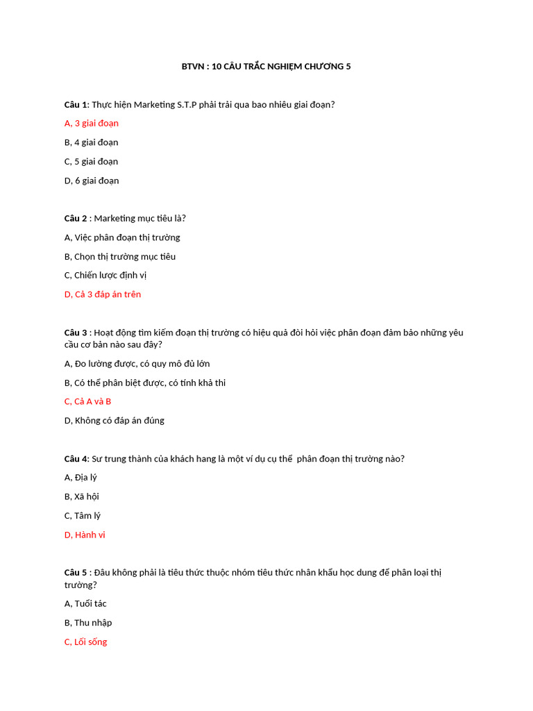 BTVN 10 câu trắc nghiệm chương 5 | PDF
