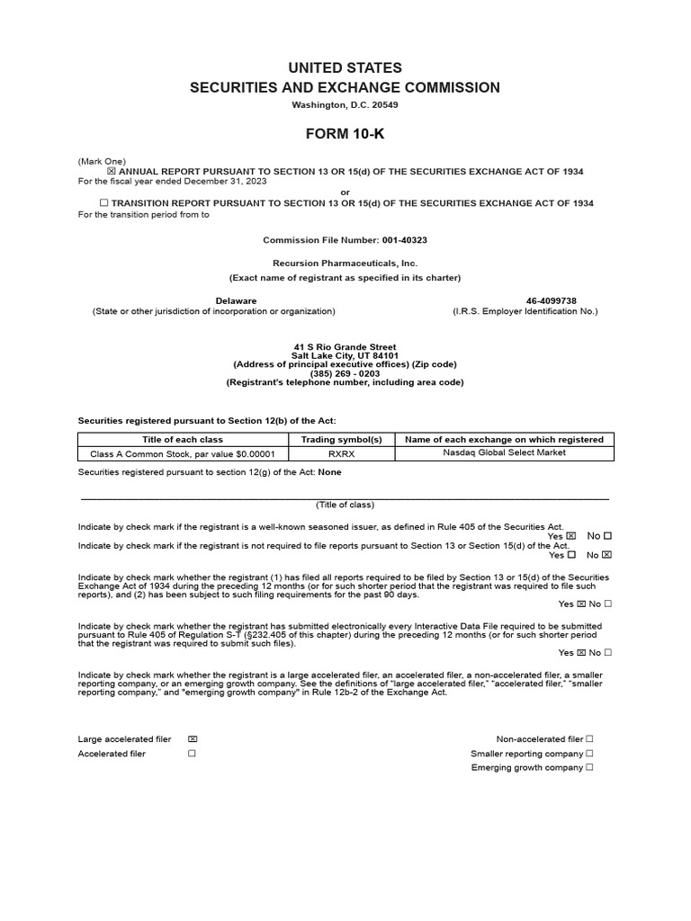Recursion Pharmaceuticals 2023 10-K Report | PDF | Clinical Trial ...