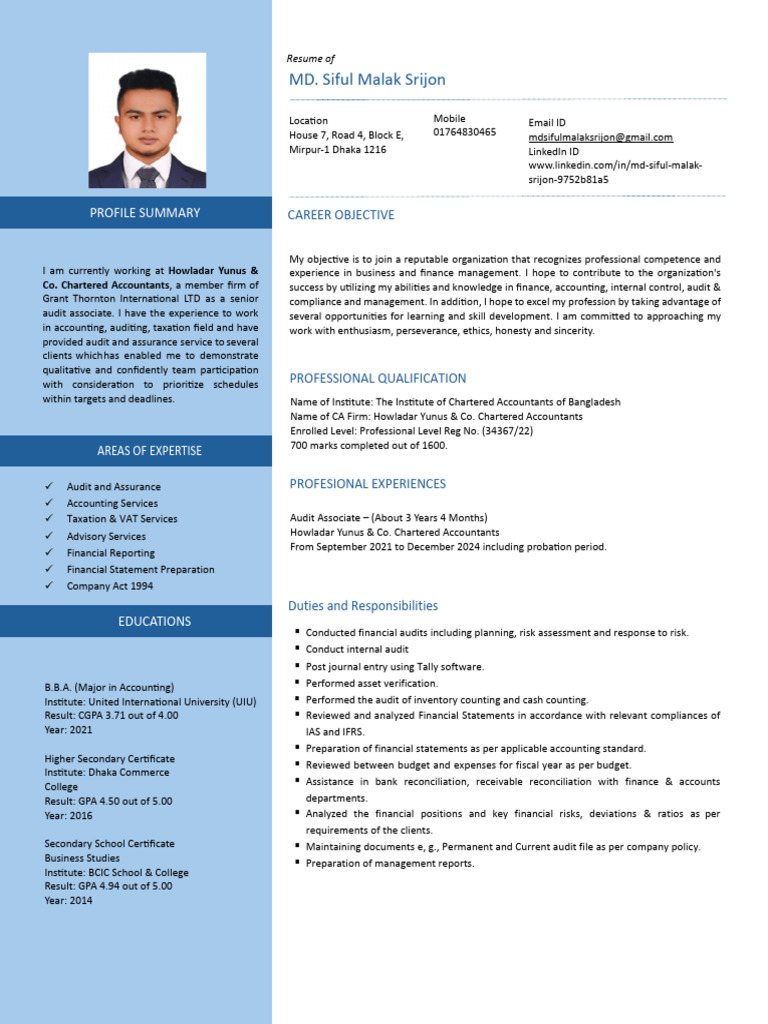 Resume of Md. Siful Malak Srijon | PDF | Audit | Accounting