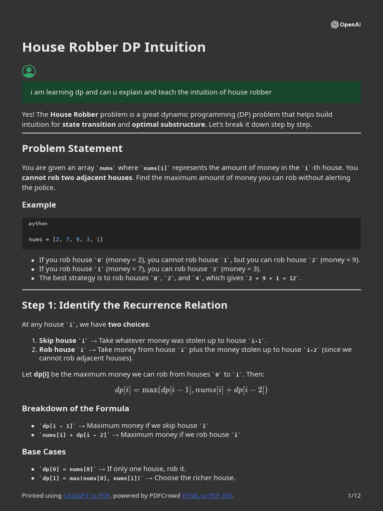 House Robber DP Intuition | PDF | Software Engineering | Computer Science