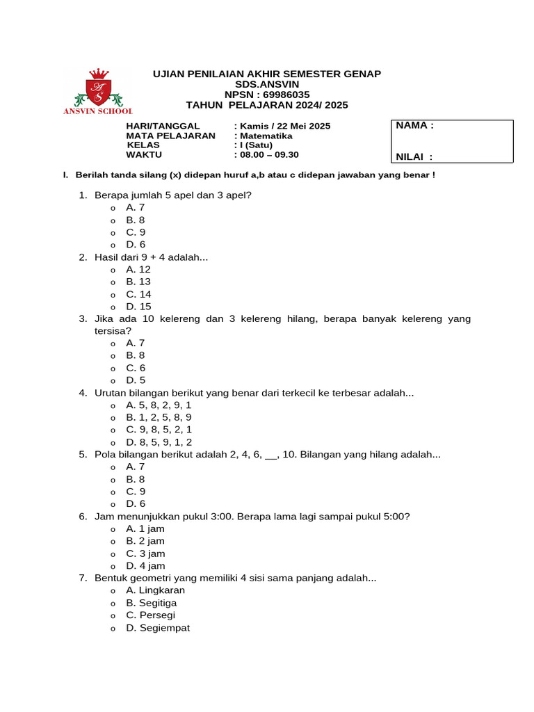 SOAL MTK NEW LV 1 | PDF