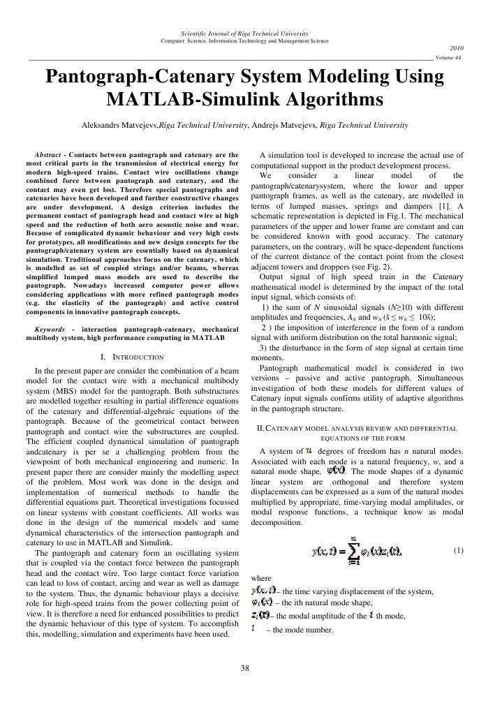 Pantograph-Catenary System Modeling Using MATLAB-Simulink Algorithms | Download Free PDF ...