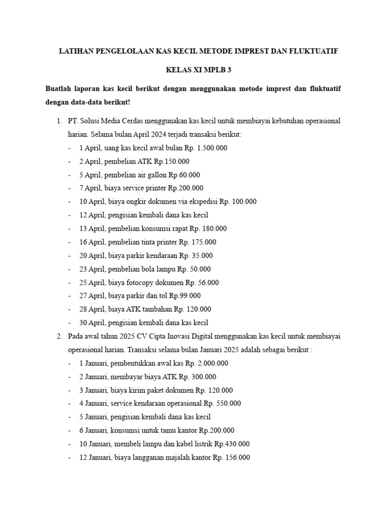 Latihan Pengelolaan Kas Kecil Metode Imprest Dan Fluktuatif | PDF
