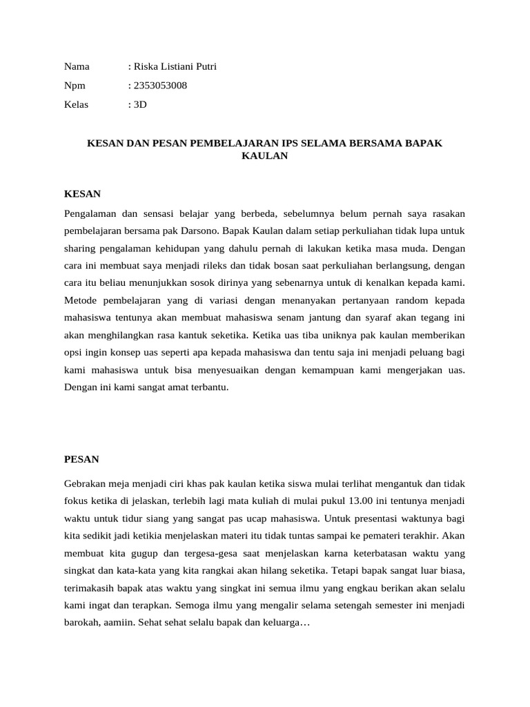 KESAN DAN PESAN - IPS - Riska Listiani Putri - 2353053008 | PDF