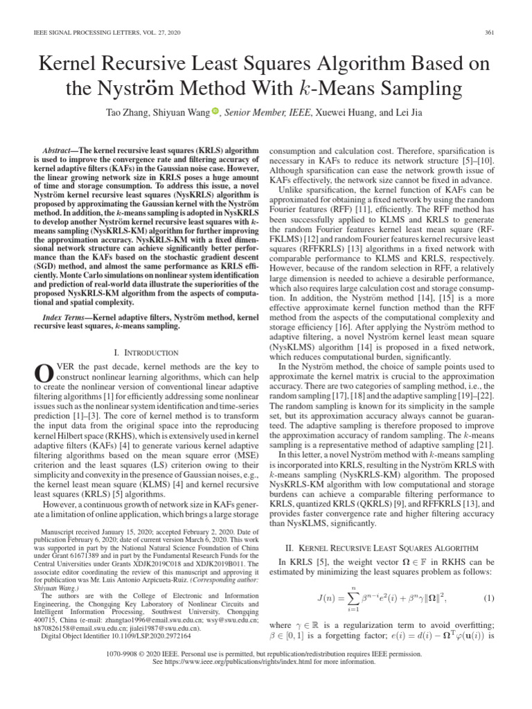 Kernel Recursive Least Squares Algorithm Based On The Nystrrm Ddotbf Om Method With K-Means ...