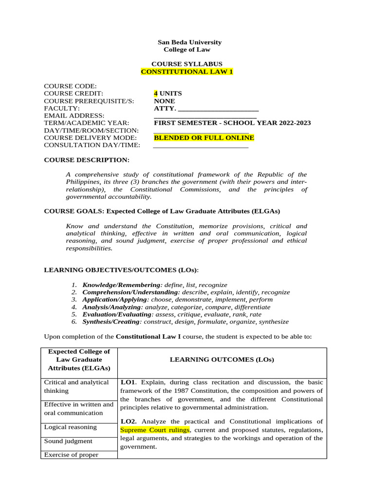 CONST-LAW1-DEPT-SYLLABUS-SY2022-2023-updated (1) | PDF | Thought | Supreme Court Of The United ...