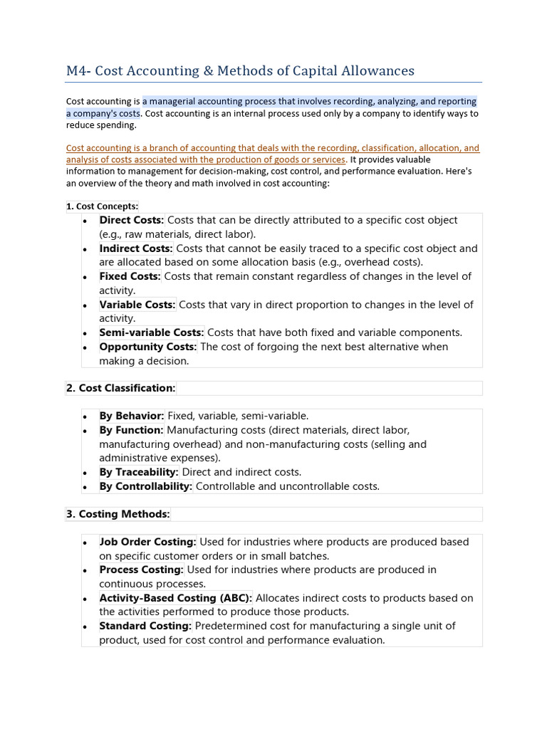 M4 - Cost Accounting & Methods of Capital Allowances | PDF | Cost Accounting | Depreciation