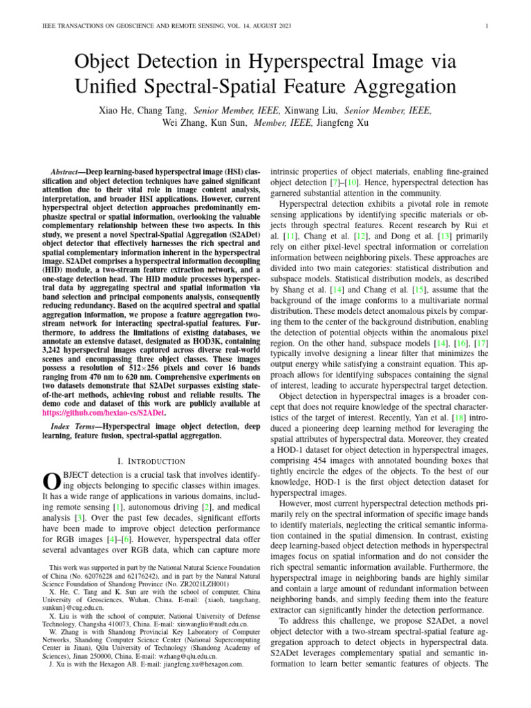 Hsi Target Detection Via Unified Spectral Special Feature Aggregation Pdf Computer Vision