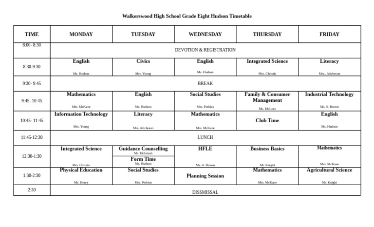 Grade 8 Hudson Timetable 2 | PDF