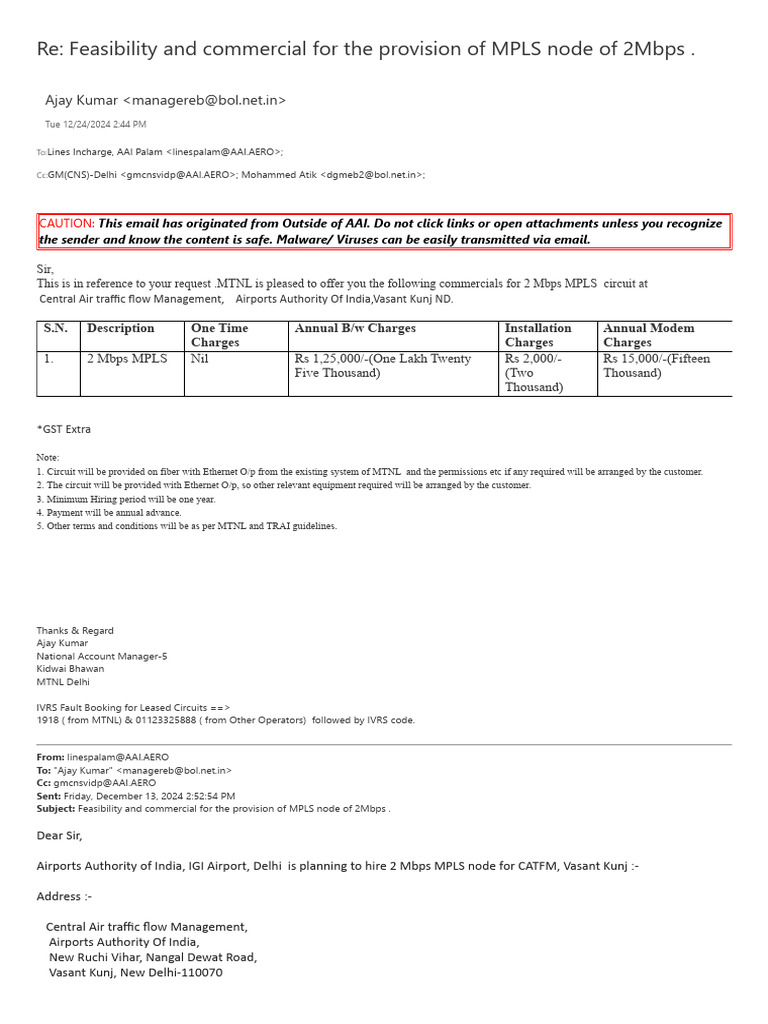 MTNL - Feasibility and Commercial For The Provisio... - Lines Incharge ...