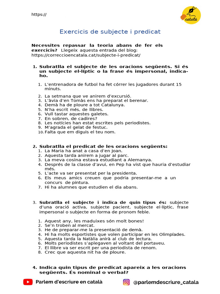 Exercicis de Subjecte I Predicat PDF | PDF