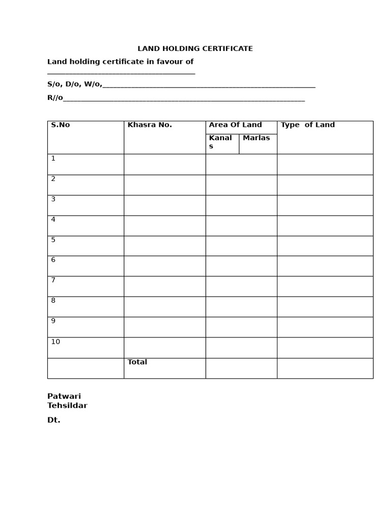 Land Holding Certificate Format | PDF