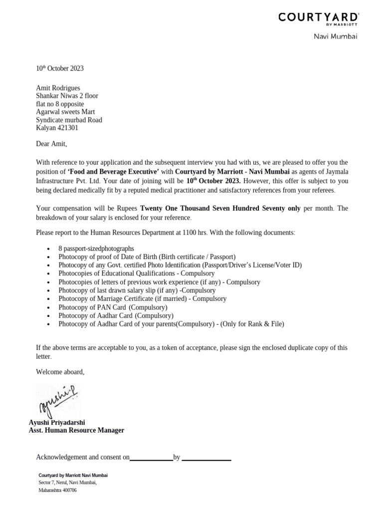 Amit Offer Letter Marriott | PDF | Salary | Employment