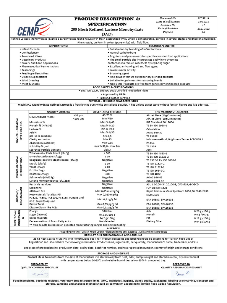 200 Mesh Refined Lactose Monohydrate | PDF | Infant Formula | Confectionery