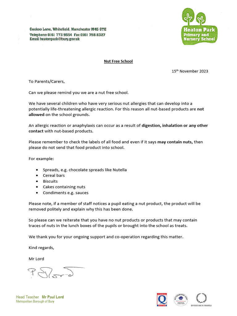 Nut-Free School Policy Reminder | PDF