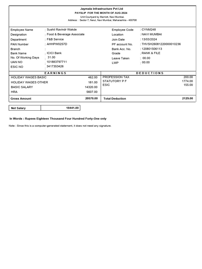 August Salary Slip Marriott | PDF | Taxation | Wages And Salaries