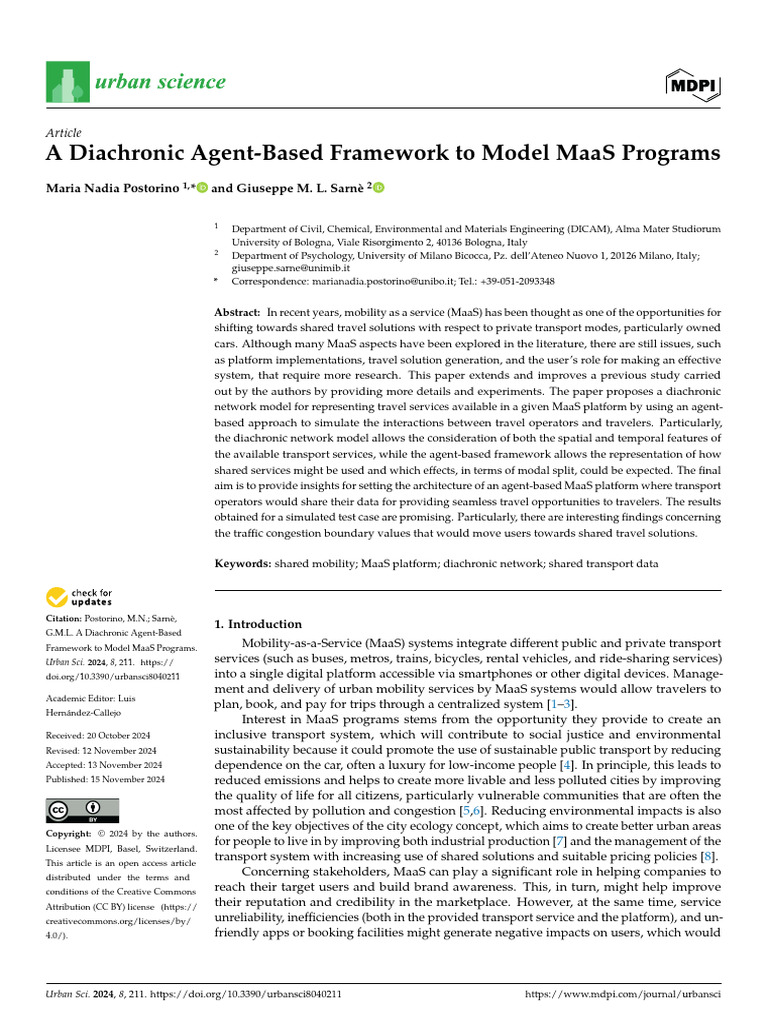 A Diachronic Agent-Based Framework To Model MaaS Programs | PDF | Agent Based Model | Simulation