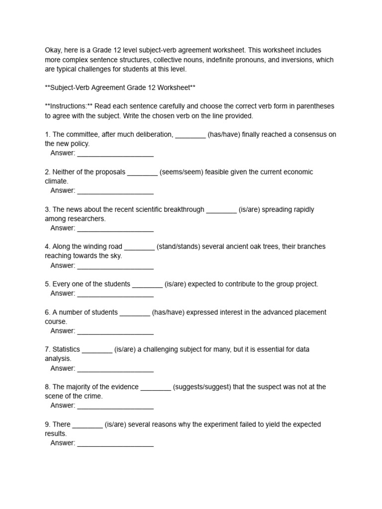 Subject-Verb Agreement Grade 12 | PDF | Grammatical Number | Plural