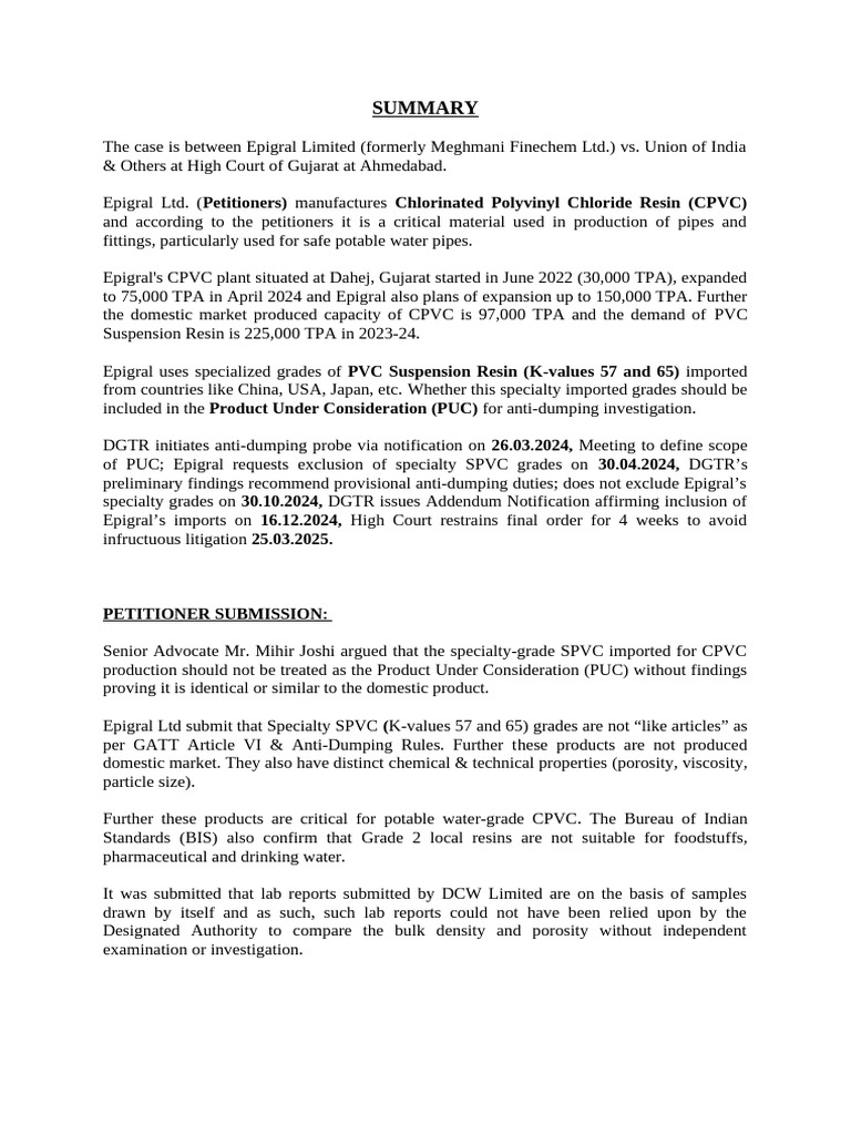 Summary Epigral | PDF | Polyvinyl Chloride | Dumping (Pricing Policy)